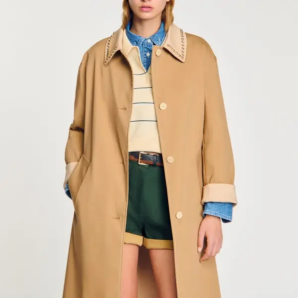 Sandro Trench Coat With Rhinestone Collar