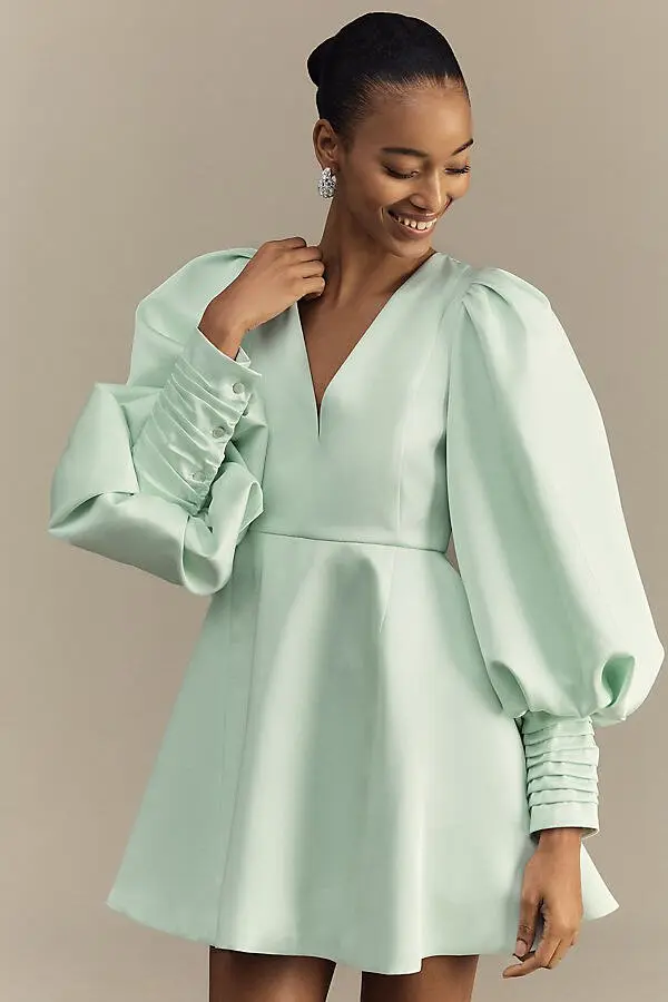 green emerald velvet dress ASHLEYlauren 11740 Scuba Balloon Sleeve Gown