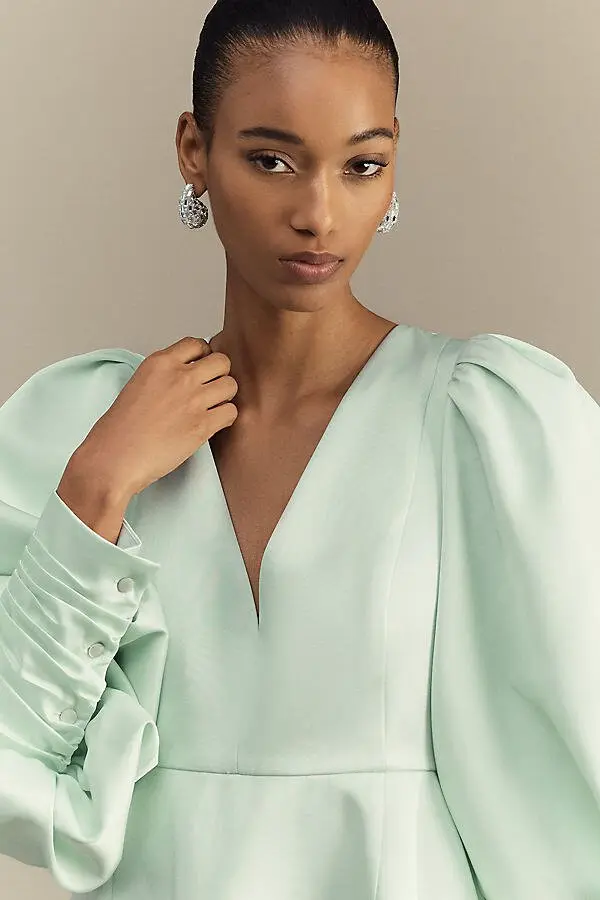 Mare Mare Macie Balloon-Sleeve V-Neck A-Line Mini Dress In Green - 31% Off  | Editorialist