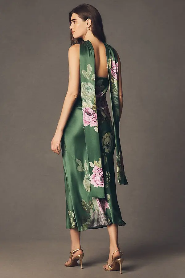 Bhldn Leah Strapless Satin Midi Dress - Green Pattern | Editorialist