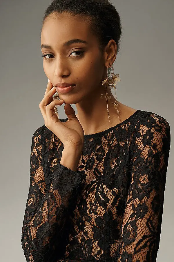 chinese dress ladies Lace V-Neck Puff Sleeve A-Line Midi Dress main image 1
