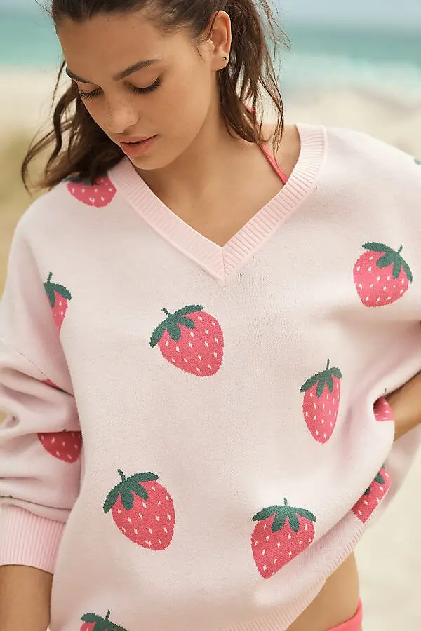 Beach Riot Joey Strawberry Oversized V-neck Sweater