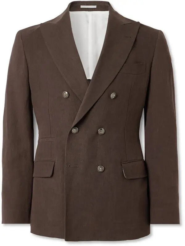 Brunello Cucinelli Double-breasted Linen Suit Jacket - Brown