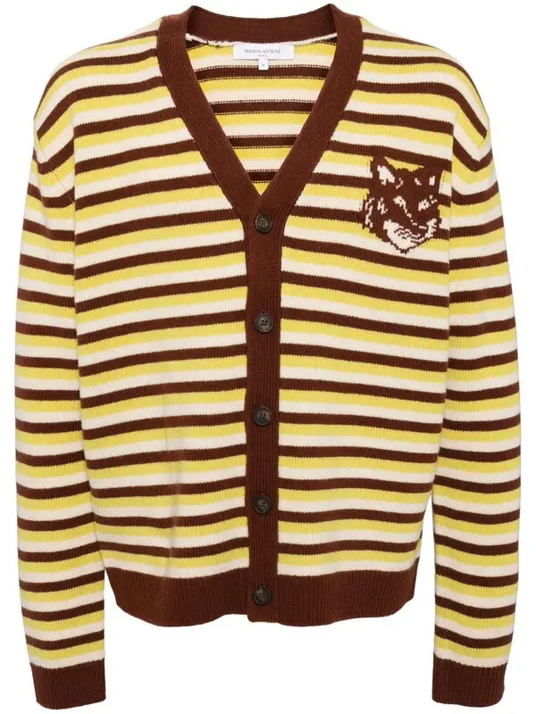 Maison Kitsuné Fox Head Intarsia Striped Cardigan - Green