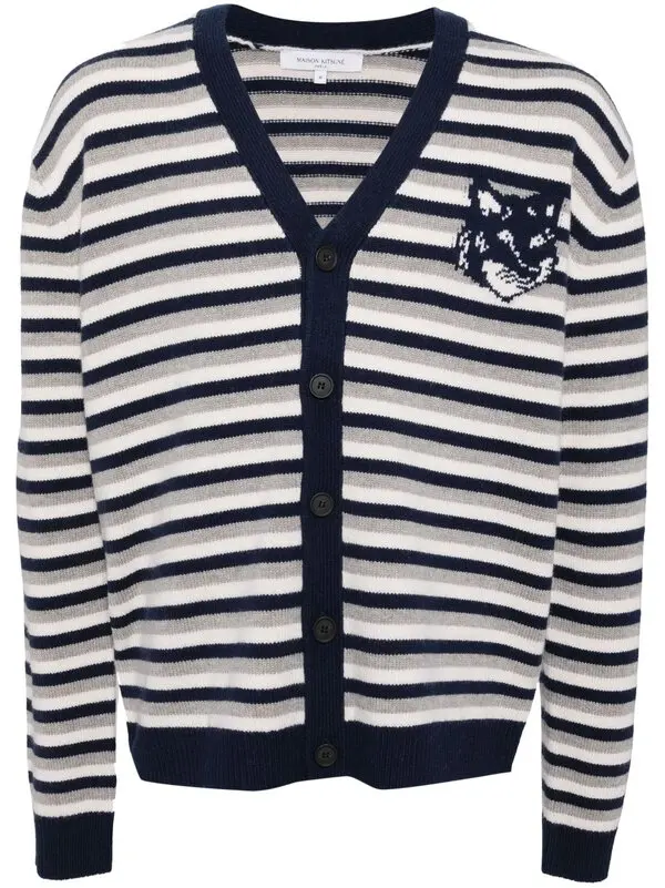 Maison Kitsuné Fox Head Intarsia Striped Cardigan - Blue