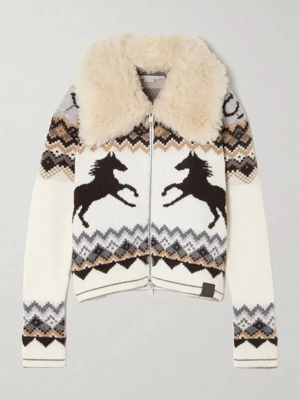 Stella McCartney Fleece-trimmed Fair Isle Wool Cardigan - White