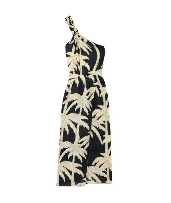 Johanna Ortiz Dark Palms One-shoulder Printed Linen Midi Dress - Black