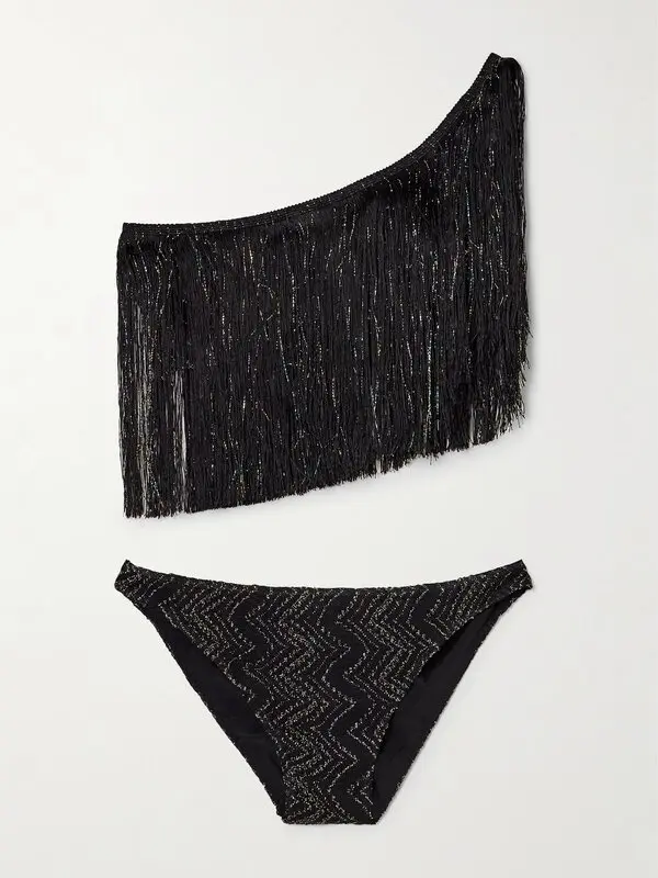 Missoni Fringed Striped Metallic Crochet-knit Bikini - Black