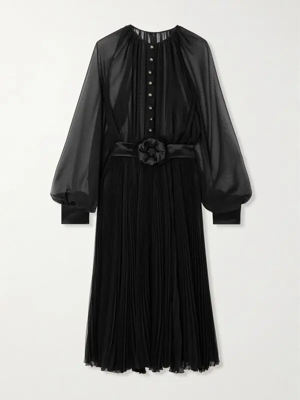 Dolce & Gabbana Satin-trimmed Belted Pleated Chiffon Midi Dress