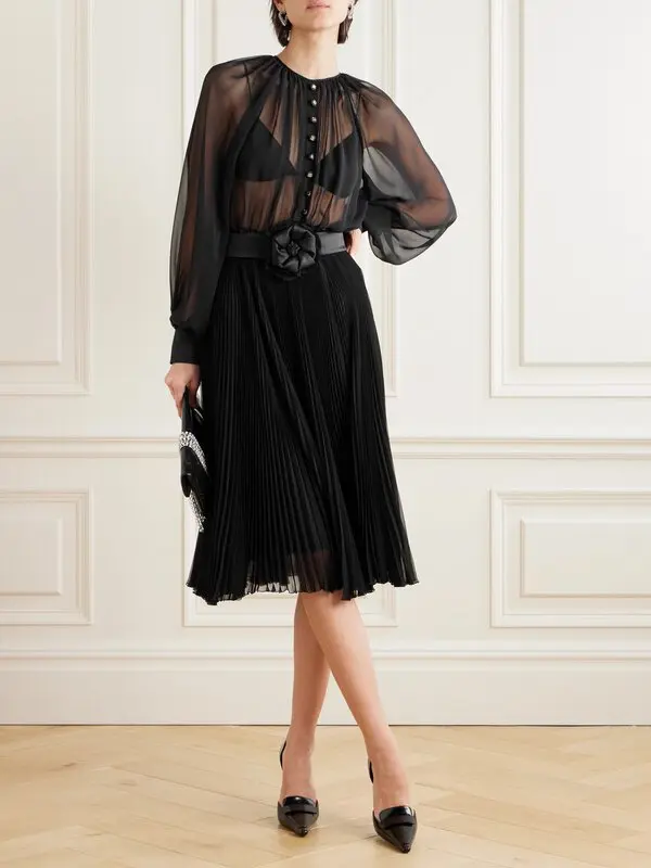 Dolce & Gabbana Satin-trimmed Belted Pleated Chiffon Midi Dress