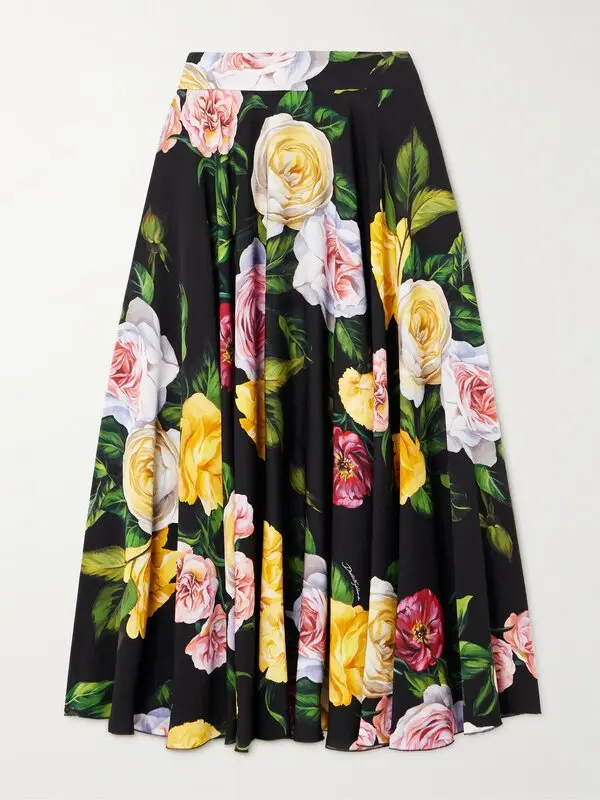 Dolce & Gabbana Pleated Floral-print Midi Skirt - Black