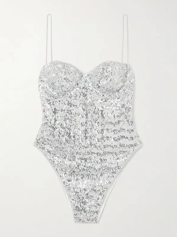 Oseree Sequined Jersey Balconette Bodysuit