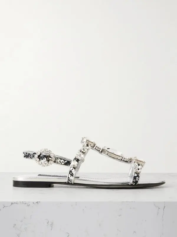 Dolce & Gabbana Bianca Embellished Metallic Leather Sandals - Silver