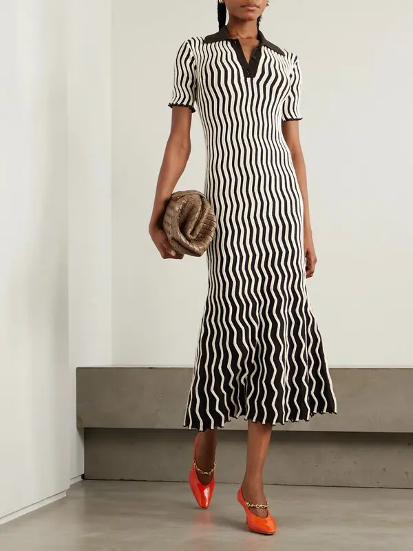 Bottega Veneta Striped Ribbed Wool Midi Dress - Multi