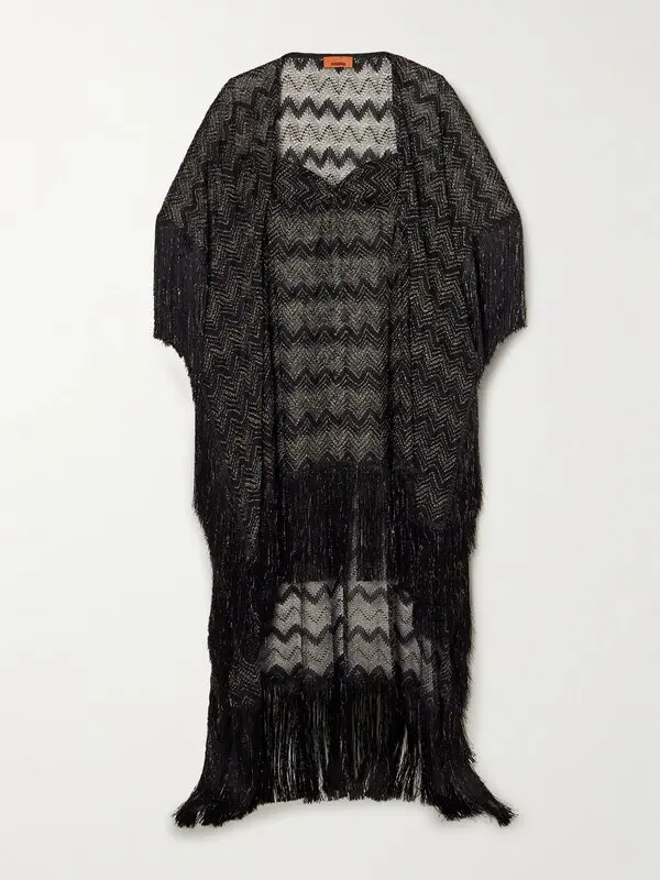 Missoni Mare Fringed Striped Metallic Crochet-knit Kaftan - Black