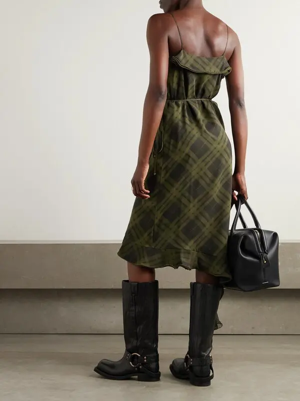 Burberry Asymmetric Ruffled Checked Silk-crepe Dress