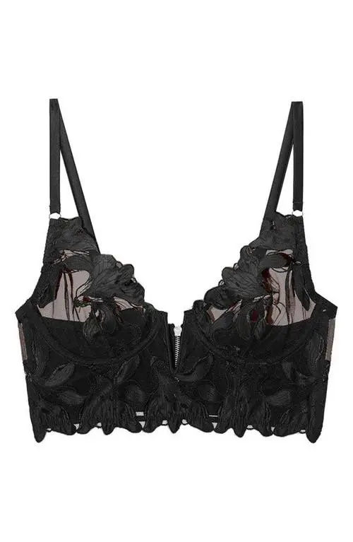 Fleur Du Mal Fuller Cup Lily Embroidered Underwire Longline Bra - Black