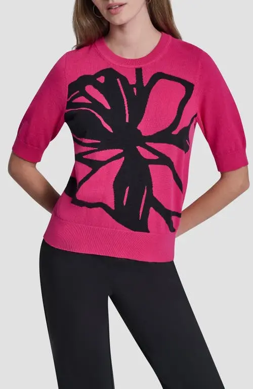 Dkny Graffiti Floral Jacquard Short Sleeve Sweater - Hot Pink/black