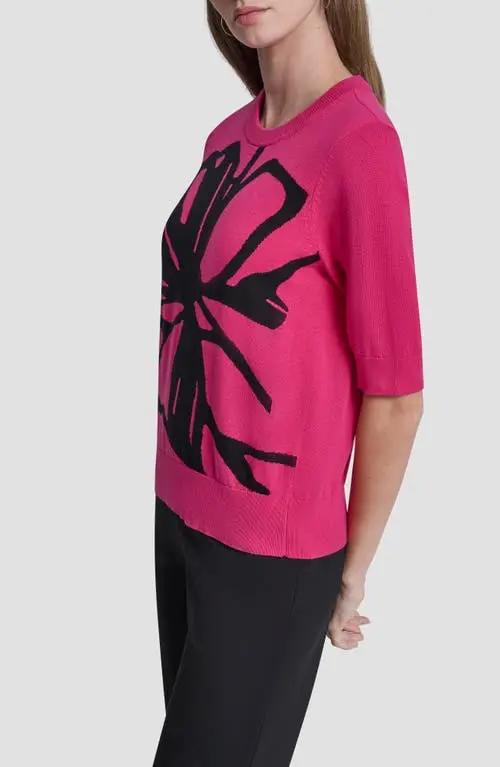 Dkny Graffiti Floral Jacquard Short Sleeve Sweater - Hot Pink/black