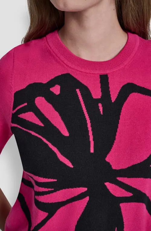 Dkny Graffiti Floral Jacquard Short Sleeve Sweater - Hot Pink/black