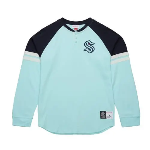 Mitchell & Ness Seattle Kraken Thermal Henley Long Sleeve T-shirt - Light Blue