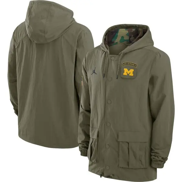 JORDAN BRAND Michigan Wolverines 2024 Military Appreciation Full-snap Hoodie Military Jacket - Olive