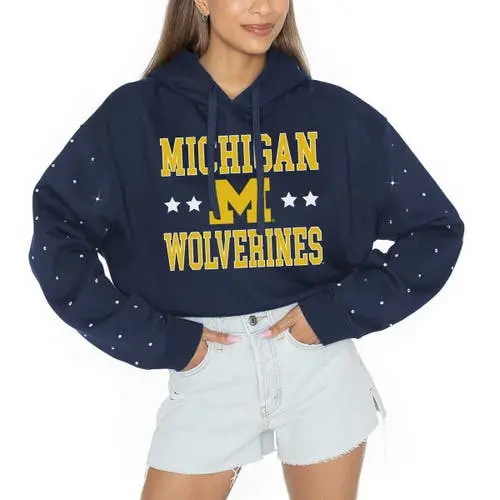 GAMEDAY COUTURE Michigan Wolverines Can't Lose Rhinestone Cropped Pullover Hoodie - Navy