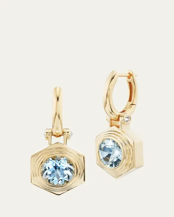Harwell Godfrey 18k Yellow Hexed Drop Huggie Earrings With Diamonds And Aquamarine - Gold