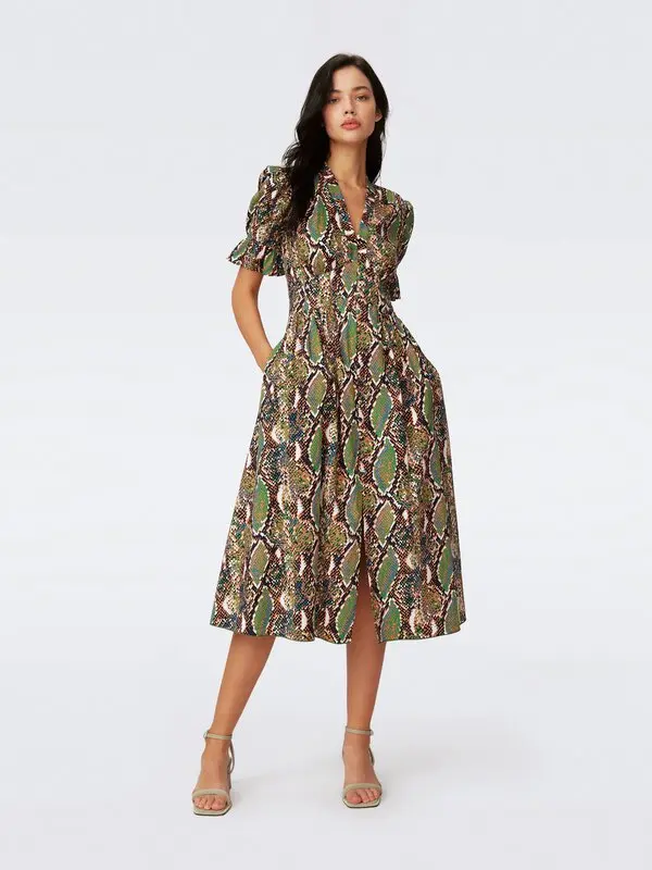 Diane Von Furstenberg Erica Cotton Midi Dress - Huge Python - 60% Off