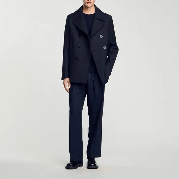 Sandro Wool Blend Double-breasted Pea Coat - Navy Blue