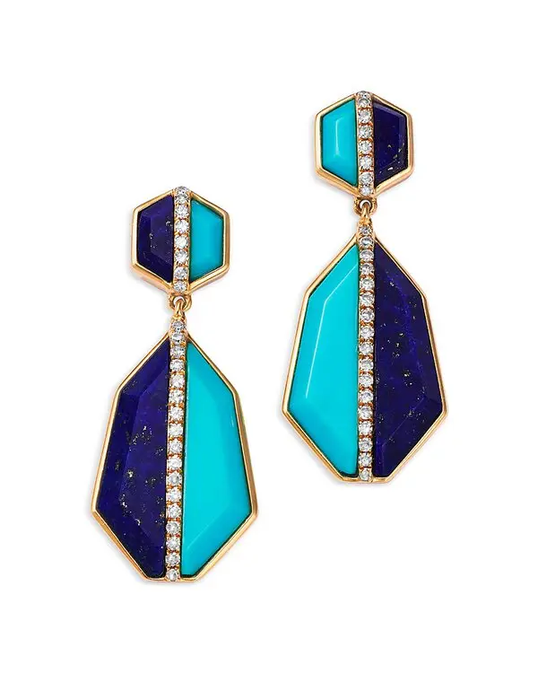 Bloomingdale'S 14k Yellow Gold Diamond, Lapis Lazuli And Turquoise Drop Earrings - Blue