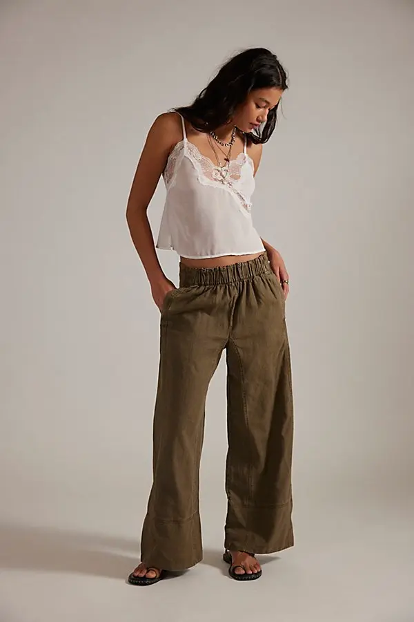 Free People Day's End Linen Pull-on Pants - Beech Leaves