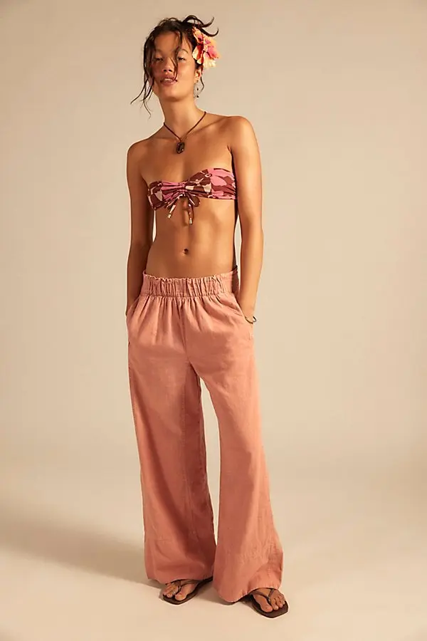 Free People Day's End Linen Pull-on Pants - Lychee Blush
