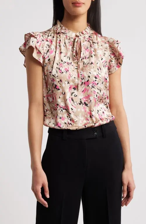 Anne Klein Floral Ruffle Sleeve Tie Neck Blouse - Latte Multi