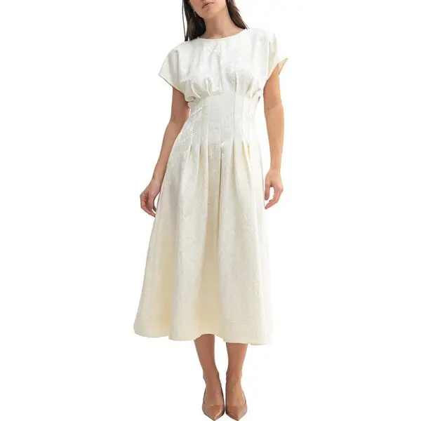 knee length dresses for ladies Maura Satin Jacquard Midi Dress in Wave Jacquard Black