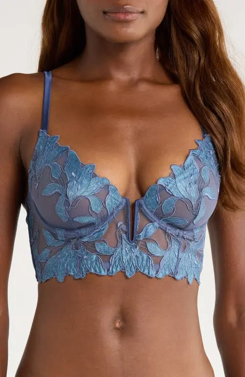 FLEUR DU MAL Lily Embroidered Underwire Plunge Longline Demi Bra - Spring Denim