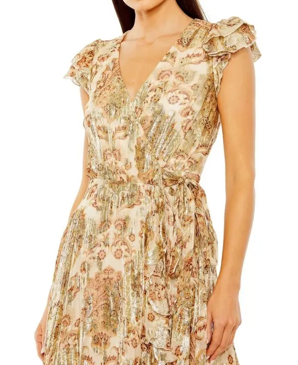 Mac Duggal Flutter Sleeve Floral Wrap Dress