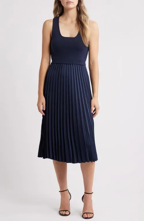 sam edelman women's mixed-media sleeveless pleated dress Sam Edelman Mixed Media Pleated Dress In Navy - 71% Off