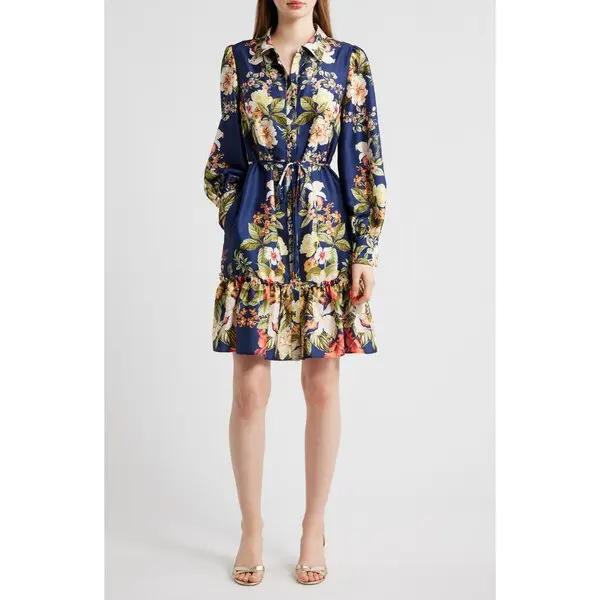 Julia Jordan Floral Satin Shirtdress - Navy Multi