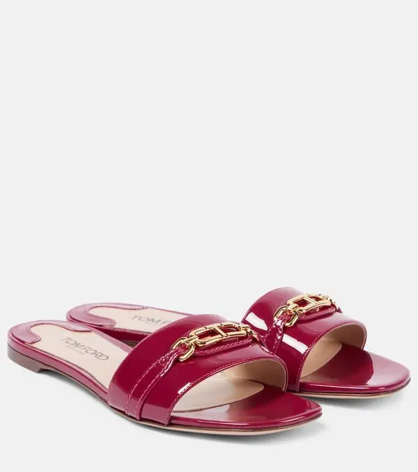 TOM FORD Whitney Stadium T Patent Leather Slides - Burgundy
