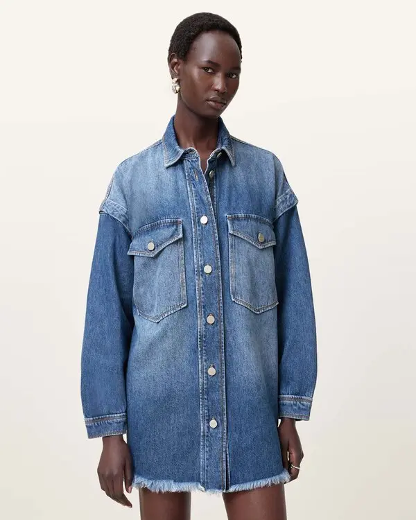 denim shacket dress Allsaints Faye Oversized Denim Shacket Dress In Blue - 20% Off