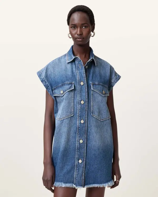 denim shacket dress Allsaints Faye Oversized Denim Shacket Dress In Blue - 20% Off