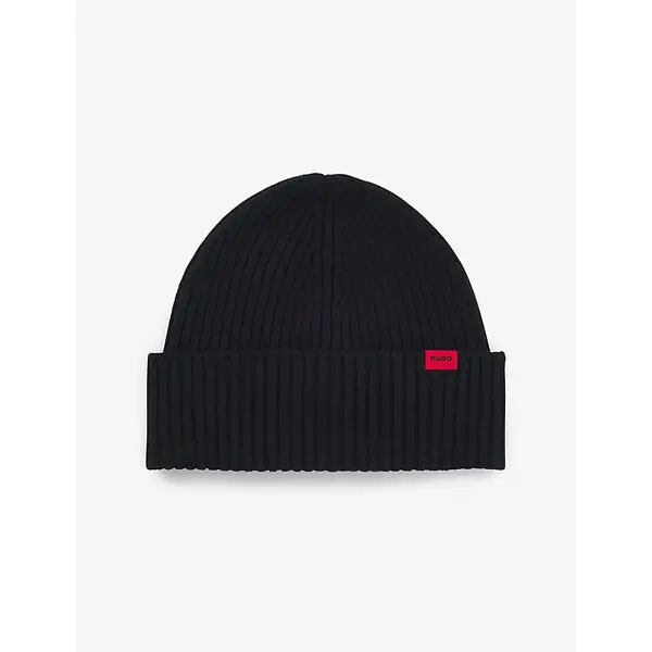 Hugo Brand-patch Wool-blend Beanie - Black