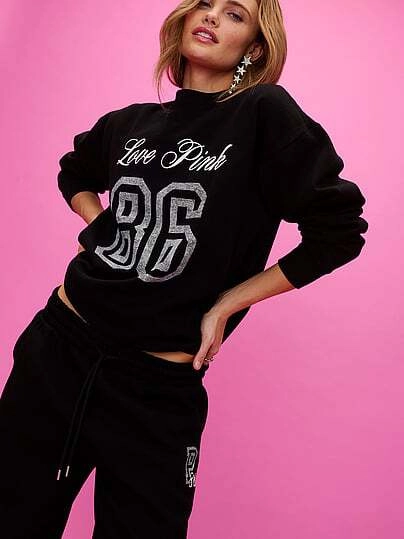 Pink Campus Fleece™ Crew Sweatshirt With Graphic Detail - Black