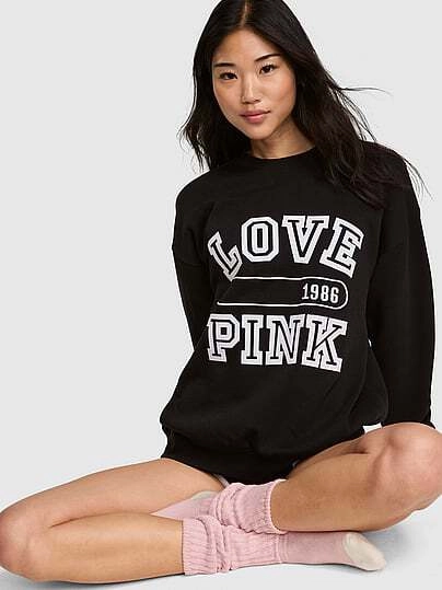 Pink Campus Fleece™ Crew Sweatshirt With Graphic Detail - Black