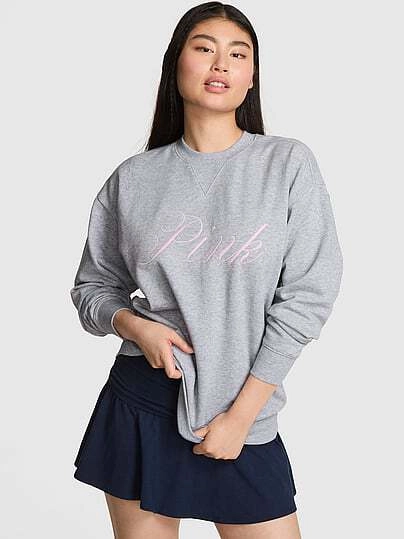 Pink Campus Fleece Oversized Crew Sweatshirt - Grey