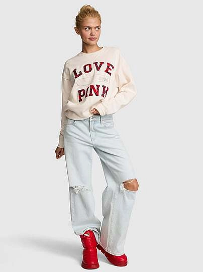 Pink Campus Fleece™ Crew Sweatshirt With Graphic Detail - Grey