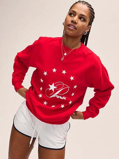 Pink Campus Fleece™ Crew Sweatshirt With Graphic Detail - Red