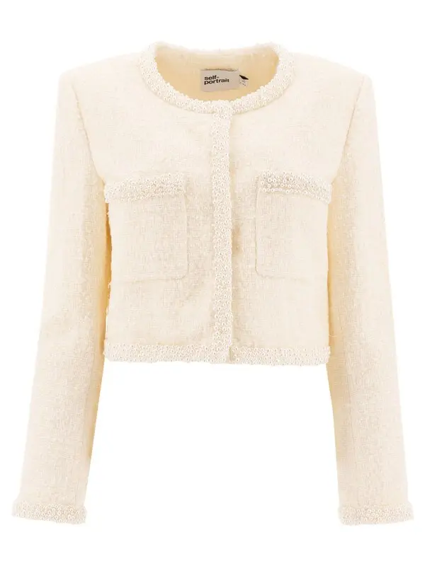 SELF-PORTRAIT Bouclé Blazer With Pearl Trim - Beige