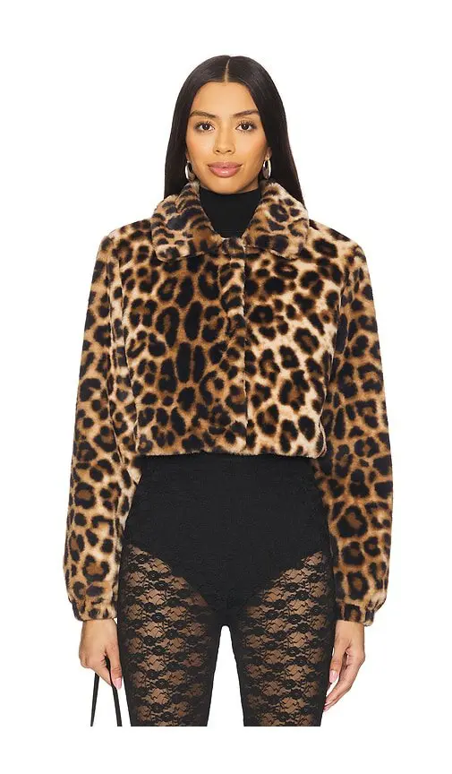 Superdown Cropped Faux Fur Jacket With Leopard Print